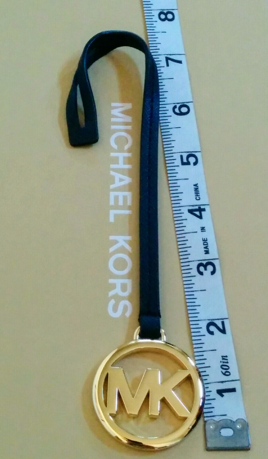 New Michael Kors MK Logo Gold Charm / Black Leather Strap Handbag Hang ...