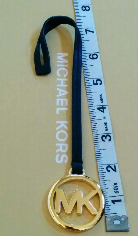New Michael Kors MK Logo Gold Charm / Black Leather Strap Handbag Hang ...
