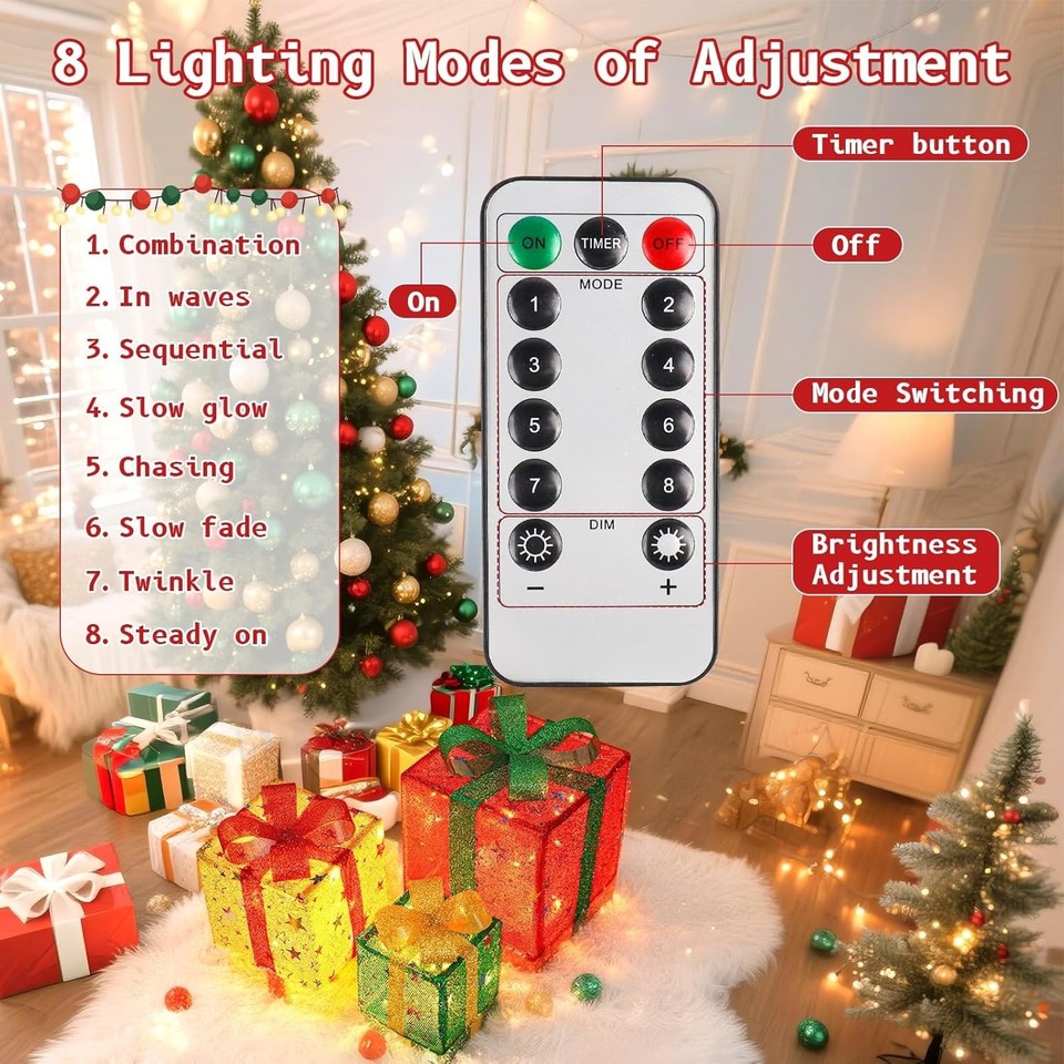 Set of 3 Lighted Gift Boxes Christmas Decorations with LED Warm White ...