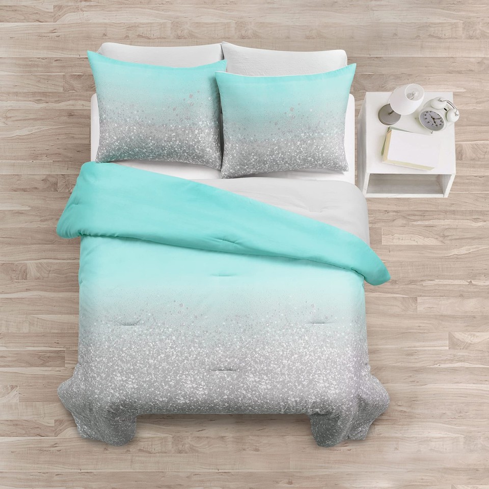 Glitter Ombre Metallic Print 5 Piece Quilt Set, Full/Queen, Aqua & Gray ...