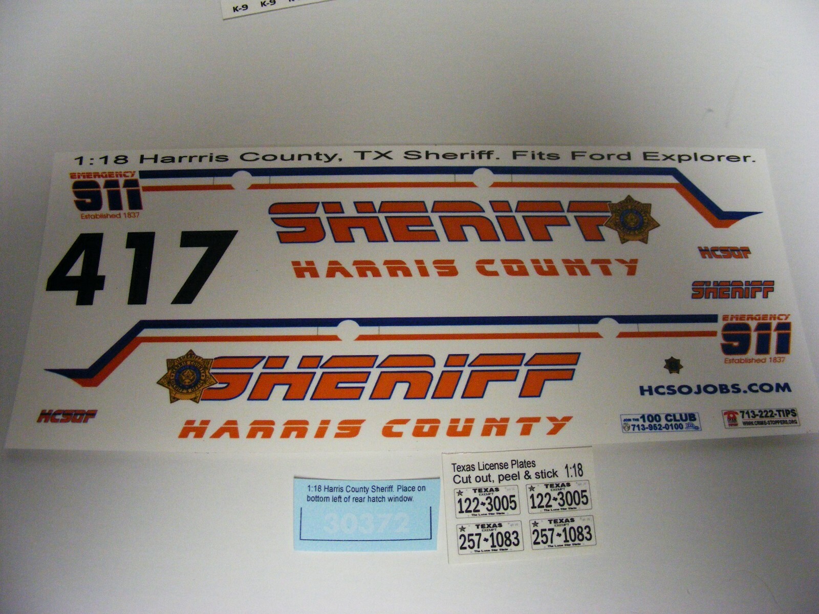 Harris County TX Sheriff 1/18 Water Slide Decal fits model cars diecast ...