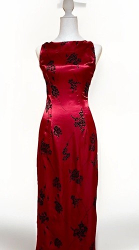 Vtg 90s Prom Dress Maxi Gown Red Satin Velvet Y2K Grunge Goth Floral ...