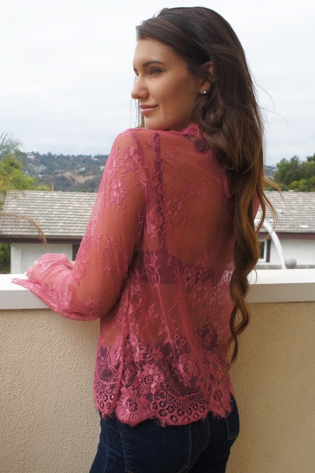 Sheer Floral Lace Top | Long Sleeve | S M L | Black Blue Red Pink IRIS ...