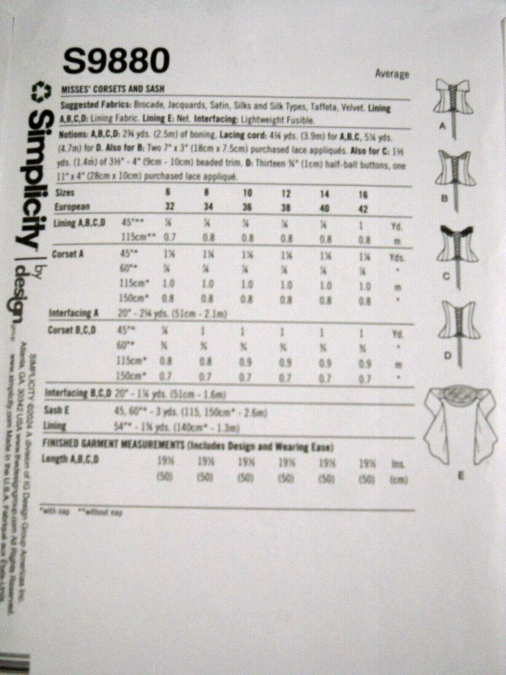 Corsets and Sash Costume Size 6-16 Simplicity 9880 Sewing Pattern | eBay