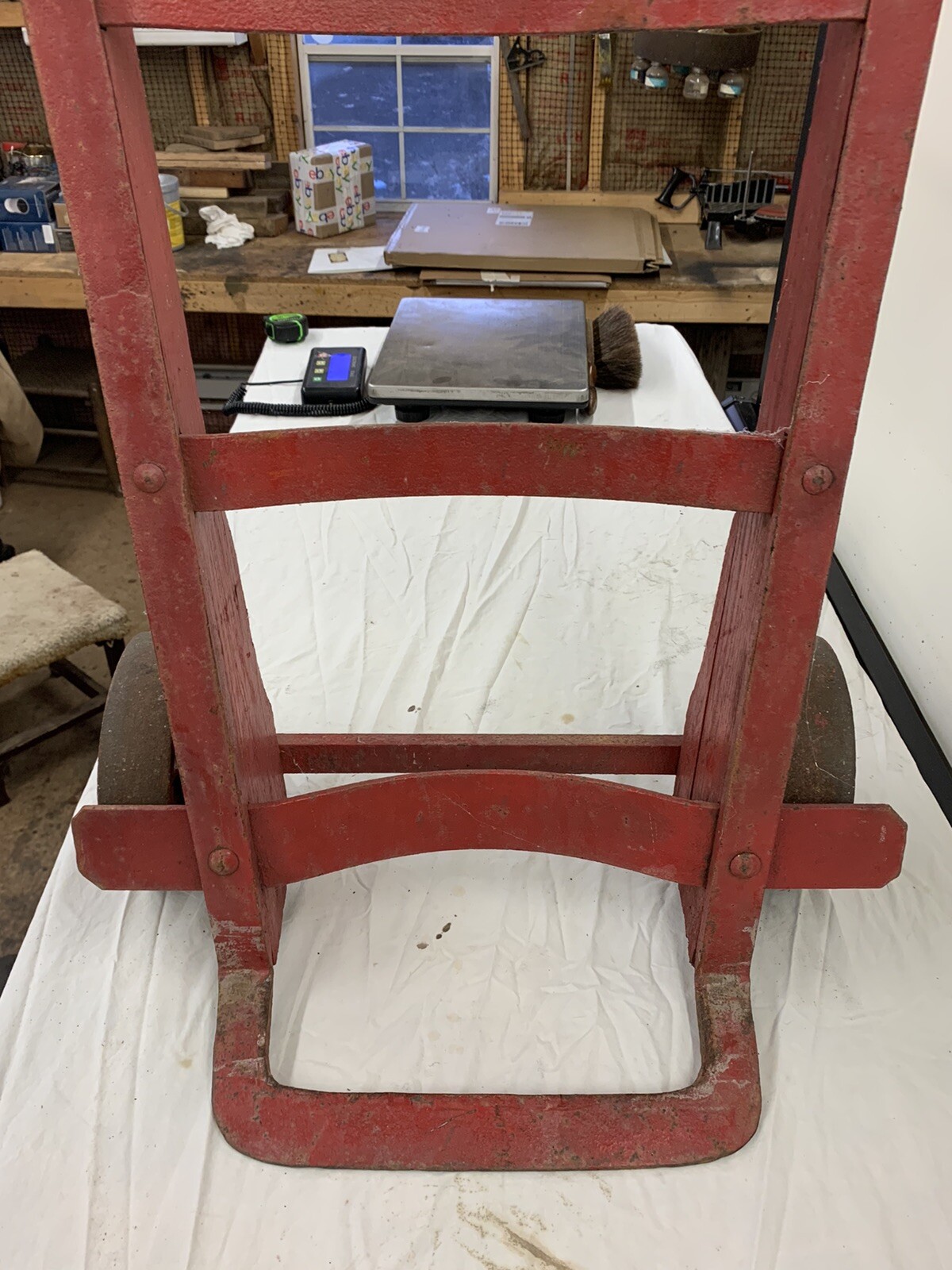 ANTIQUE HAND TRUCK DOLLY PRIMITIVE OAK BARREL DOLLY ~INDUSTRIAL CAST ...