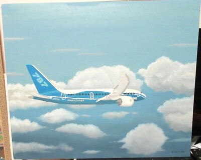 EDWARD WATERS "BOEING 787" FIRST FLIGHT DEC 2009 ORIGINAL OIL PAINTING ...