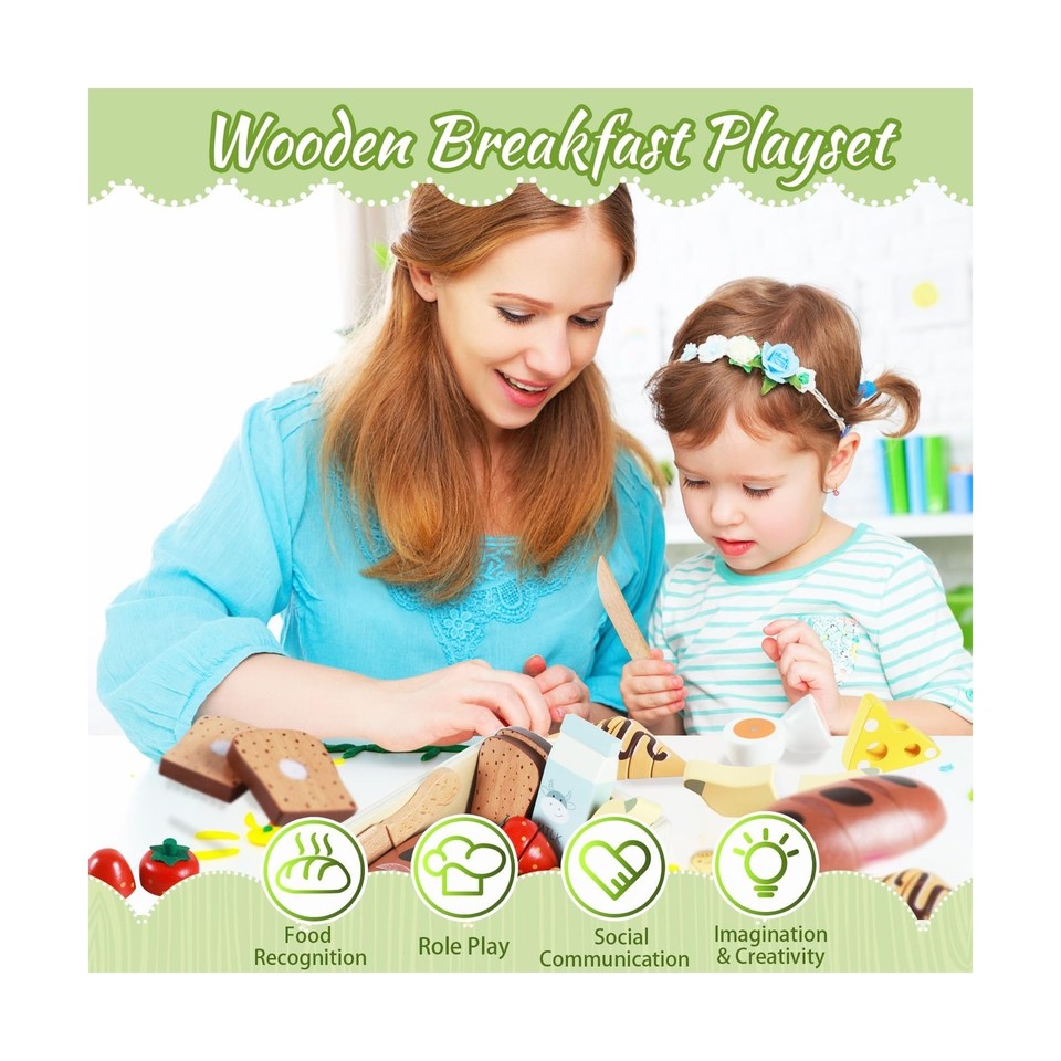 Wooden Bakery Toy Food Breakfast Set for Kids,Pretend Play Food Kit ...