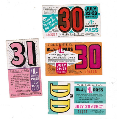 4 Milwaukee Trolley Bus TRANSIT TICKET Passes July 1944 1946 1947 1948 ...