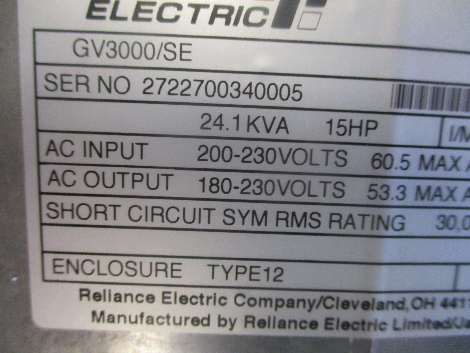 Reliance Electric 15V2260 GV3000/SE AC Drive 15HP 24kVA 53A 200-230VAC ...