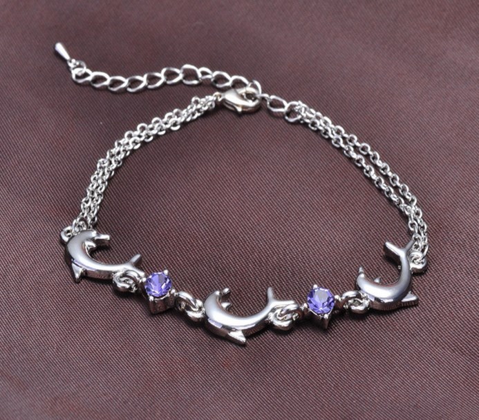 Sterling Silver Tone Bracelet Dolphin Link Purple Amethyst Blue Crystal ...