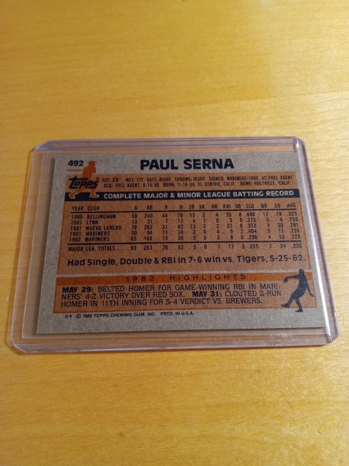 1983 Topps #492 PAUL SERNA Seattle Mariners Baseball Card, 3rd Base ...