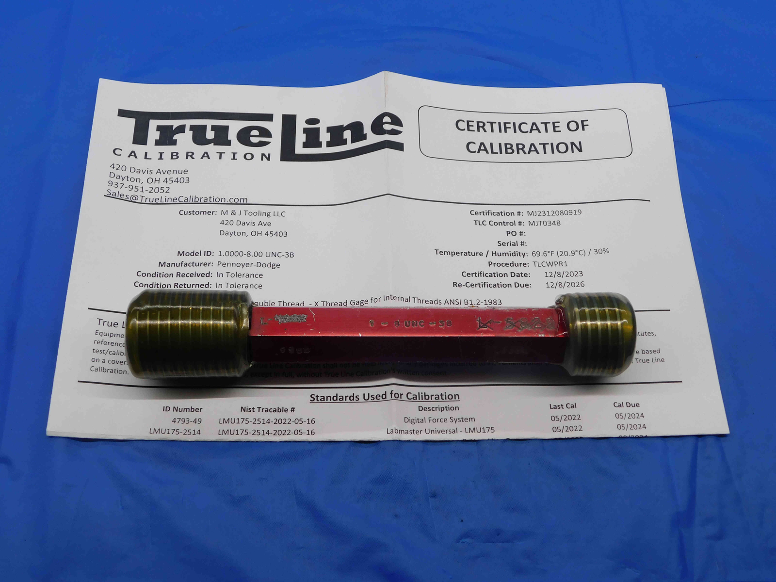 CERTIFIED 1" 8 UNC 3B THREAD PLUG GAGE 1.0 1.00 GO NO GO P.D.'S = .9188 ...