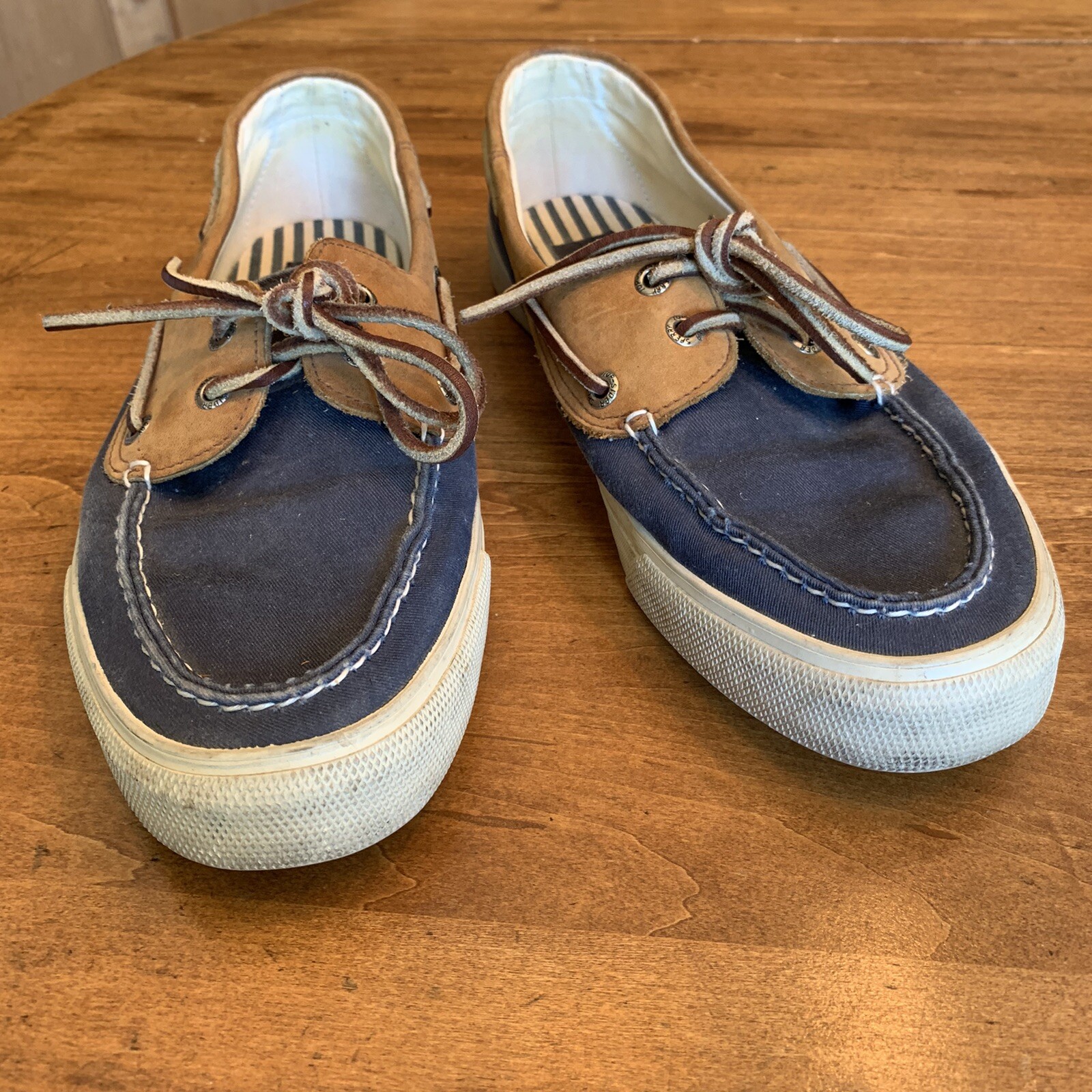 mens sperry topsider blue canvas with tan leather tri… - Gem