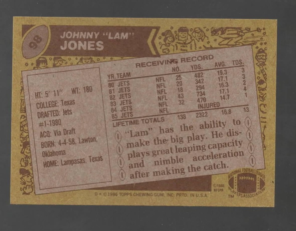 1986 Topps Johnny "Lam" Jones New York Jets #98 Near Mint or Better | eBay