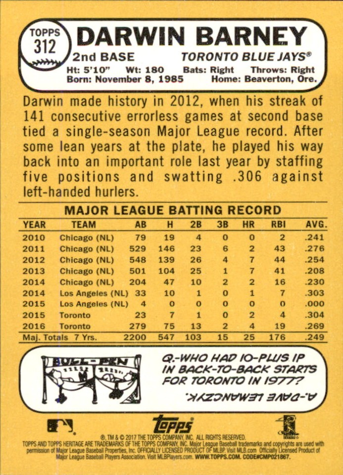 2017 Topps Heritage #312 Darwin Barney | eBay