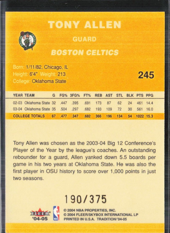 2004-05 Fleer Tradition #245 Tony Allen Draft Day Rookies #/375 RC ...