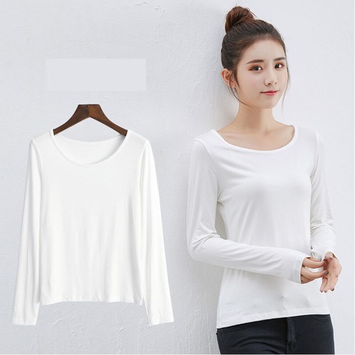 Ladies Long Sleeve Plain T-Shirt Women Blend Cotton Shirts Tops Blouse ...