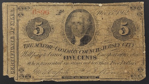 1862 Five Cents paper note from the Mayor and Common Council of Jersey ...