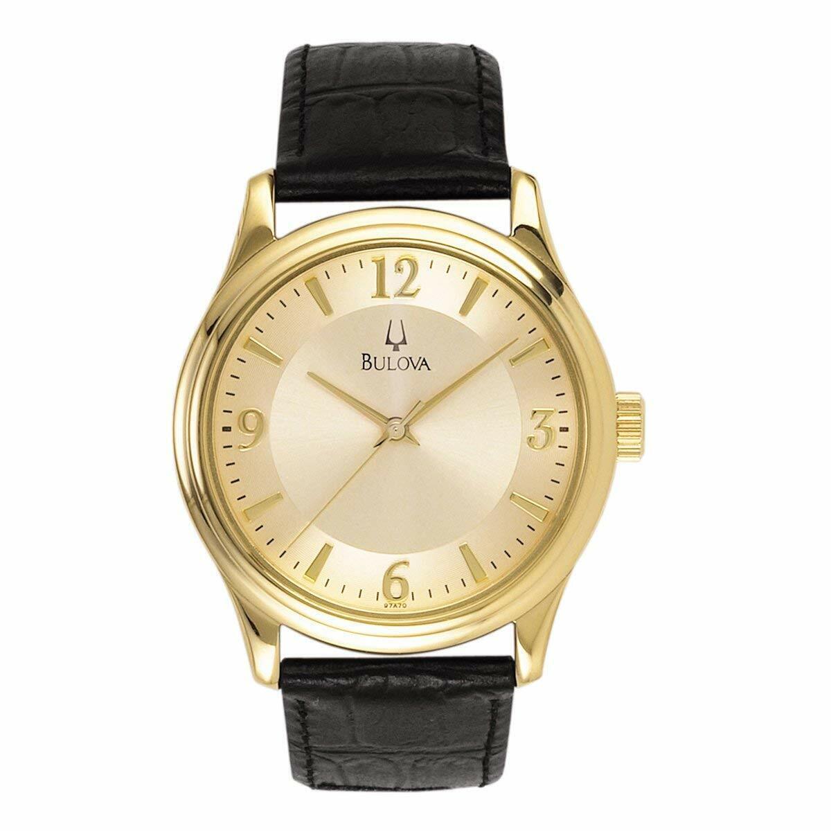 Bulova Corporate 30mm Stainless Steel Gold-Tone Case with Black Leather ...