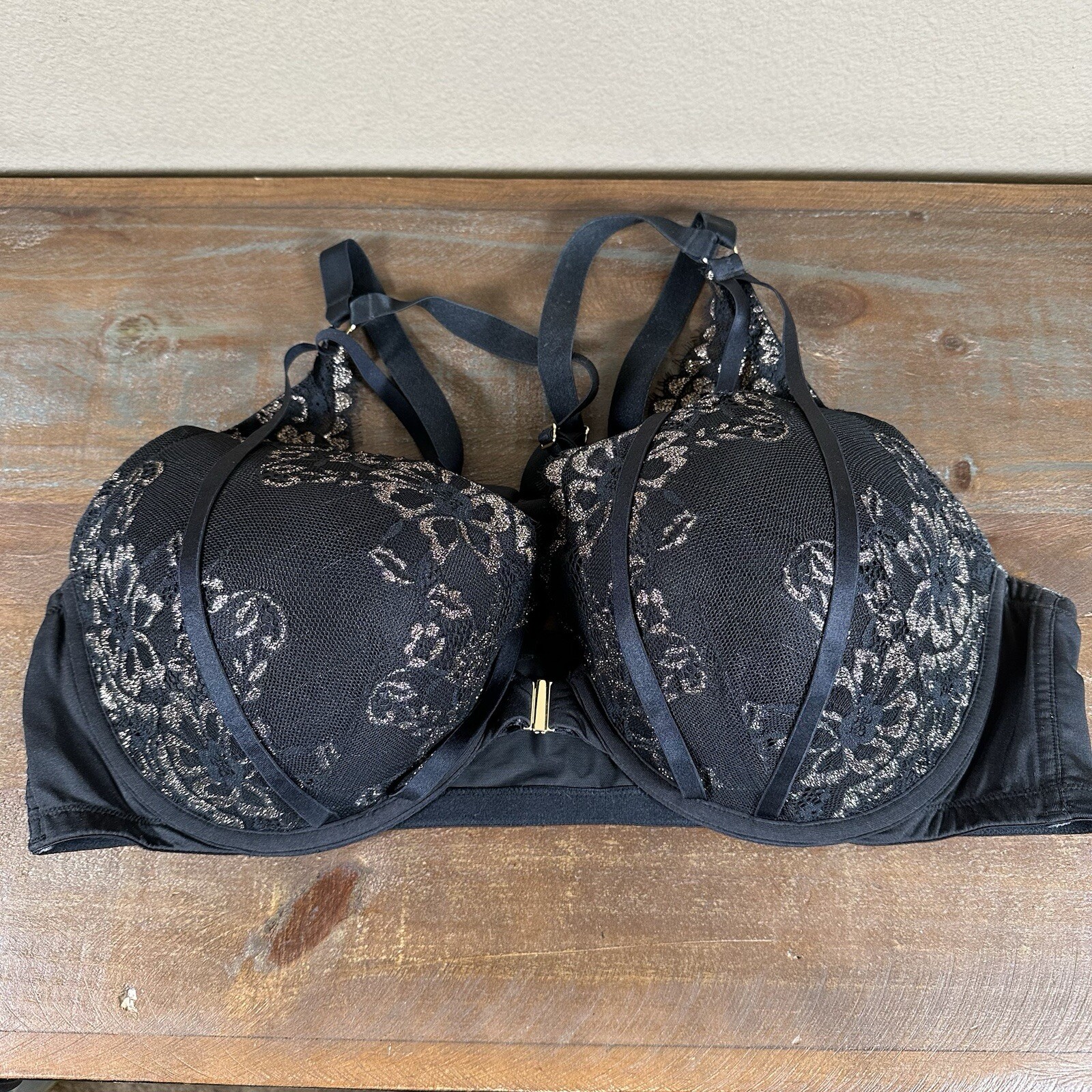 Cacique Boost Plunge Black Bra With Floral Lace Silk … - Gem