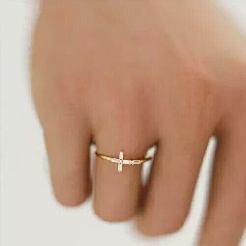 Baguette Cut Simulated Diamond Women's Cross Band Ring In 14K Yellow Gold Plated | eBay
