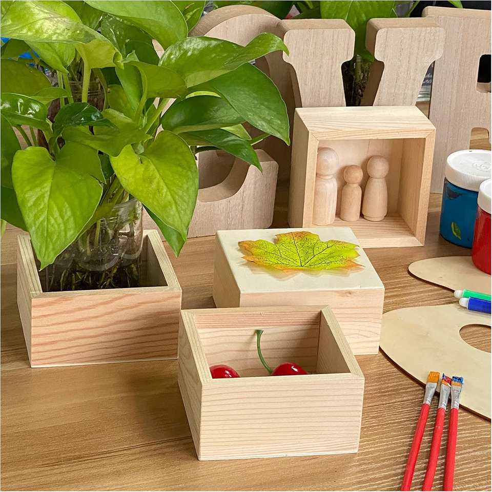 12-Pack Square Wood Box Unfinished Small Wooden Boxes for Crafts (Outer ...