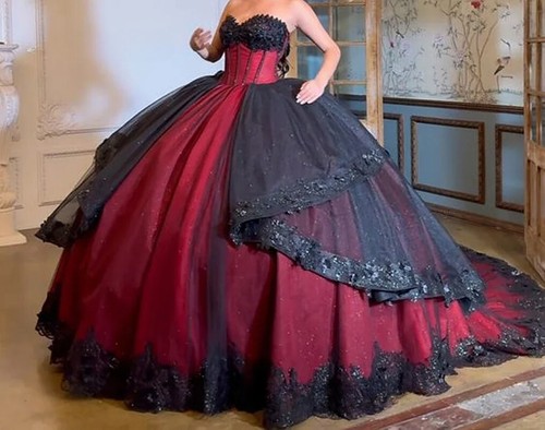Gothic Red And Black Wedding Dresses Sweetheart Pluffy Ball Gown Lace ...