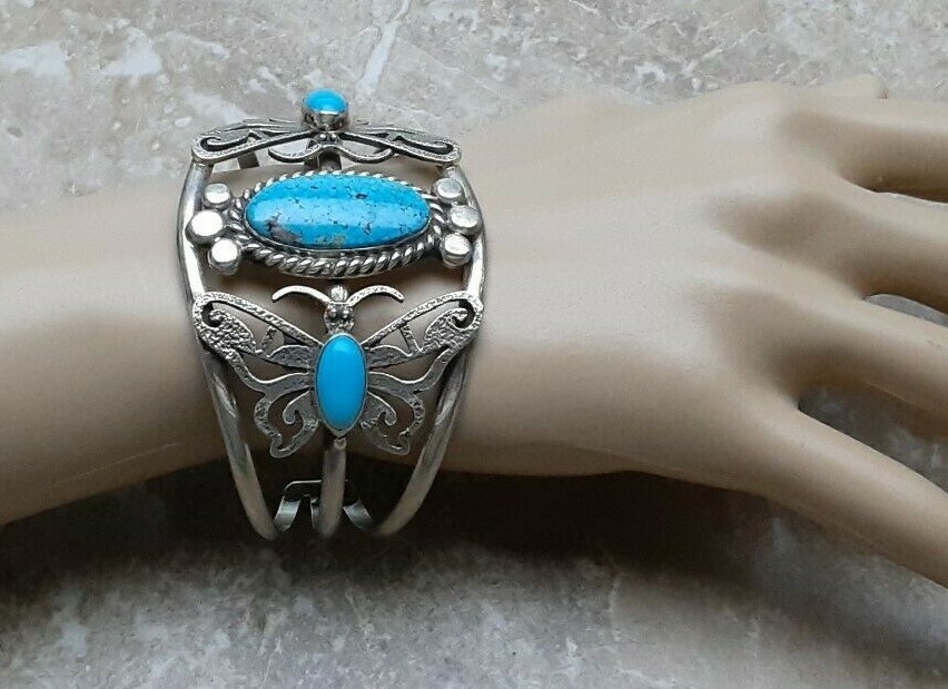 Navajo Indian JASON BAHE Butterfly Bracelet ROYSTON T… - Gem