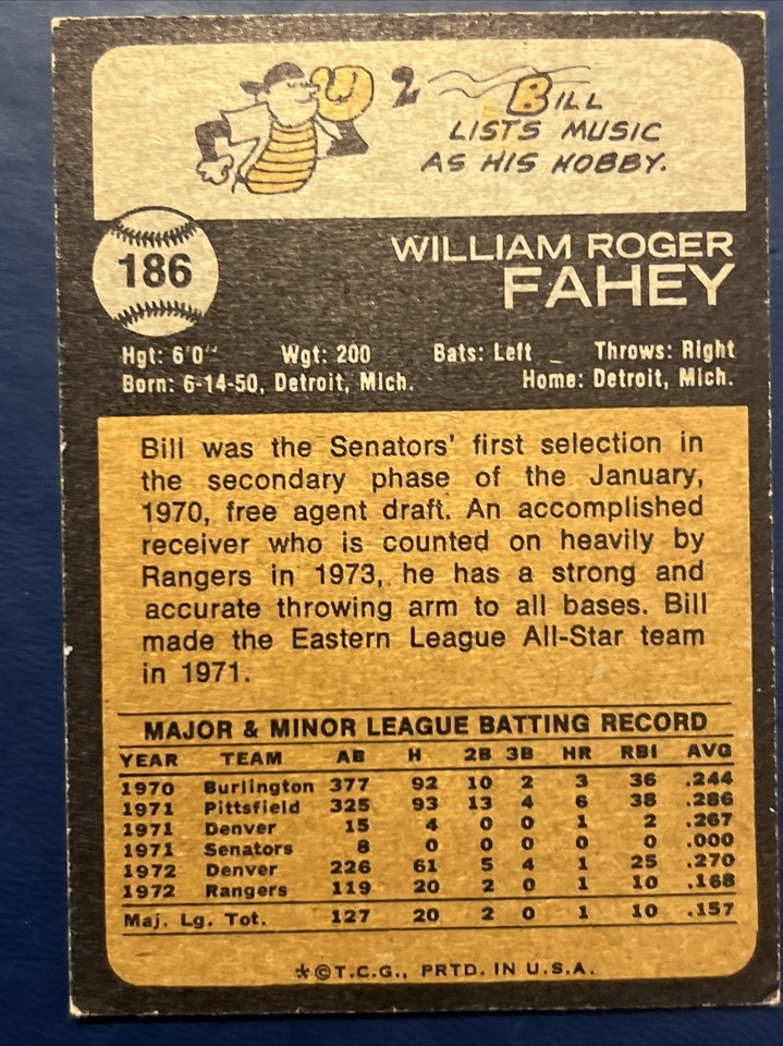 1973 Topps #186 EX-VG Bill Fahey Texas Rangers baseball card | eBay