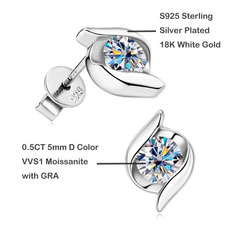 5mm Round Cut Moissanite Flash Stud Earrings 925 Sterling Silver ...