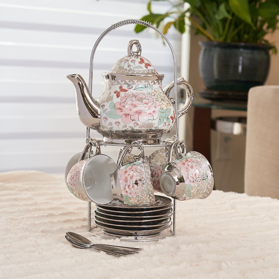 20 Pc Tea Set Tea Pot 6 Cups Saucers w/ Rack Silver Multi 3 oz Cup ...