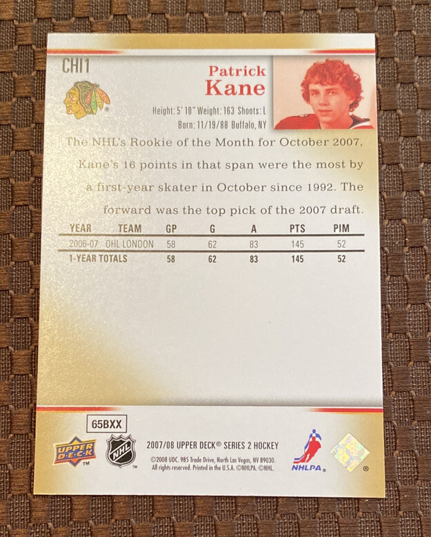 Patrick Kane Upper Deck Rookie Card VERY RARE 2007-2008 | eBay