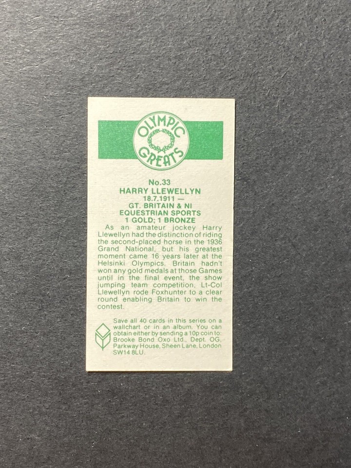 1979 Brooke Bond Olympic Greats Harry Llewellyn #33 VG/EX g2 | eBay