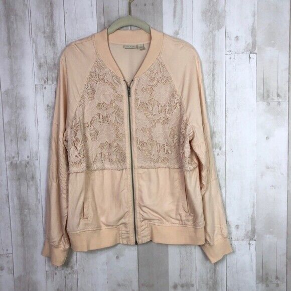 HINGE light pink floral lace full zip up lightweight bomber jacket w ...