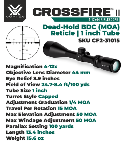 Vortex Optics Crossfire II 4-12x44 Riflescope Dead-Hold BDC MOA with ...