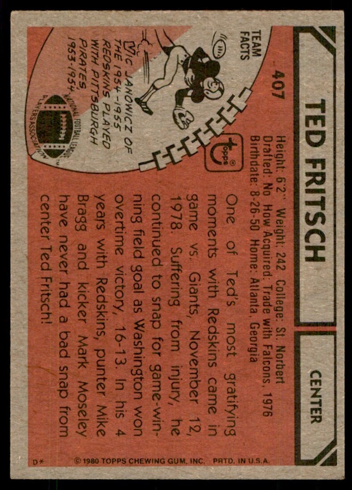 1980 Topps Ted Fritsch Jr. Football Card Washington Redskins #407 | eBay