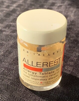 Vintage ALLEREST Allergy Medication Glass Bottle / Jar Small 2" EMPTY ...