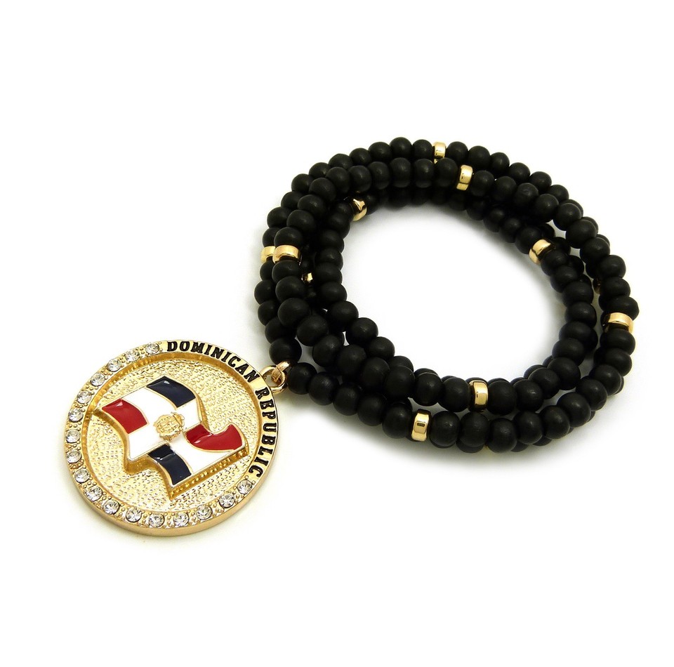 NEW DOMINICAN REPUBLIC PENDANT & 30" WOODEN BEAD CHAIN HIP HOP ...