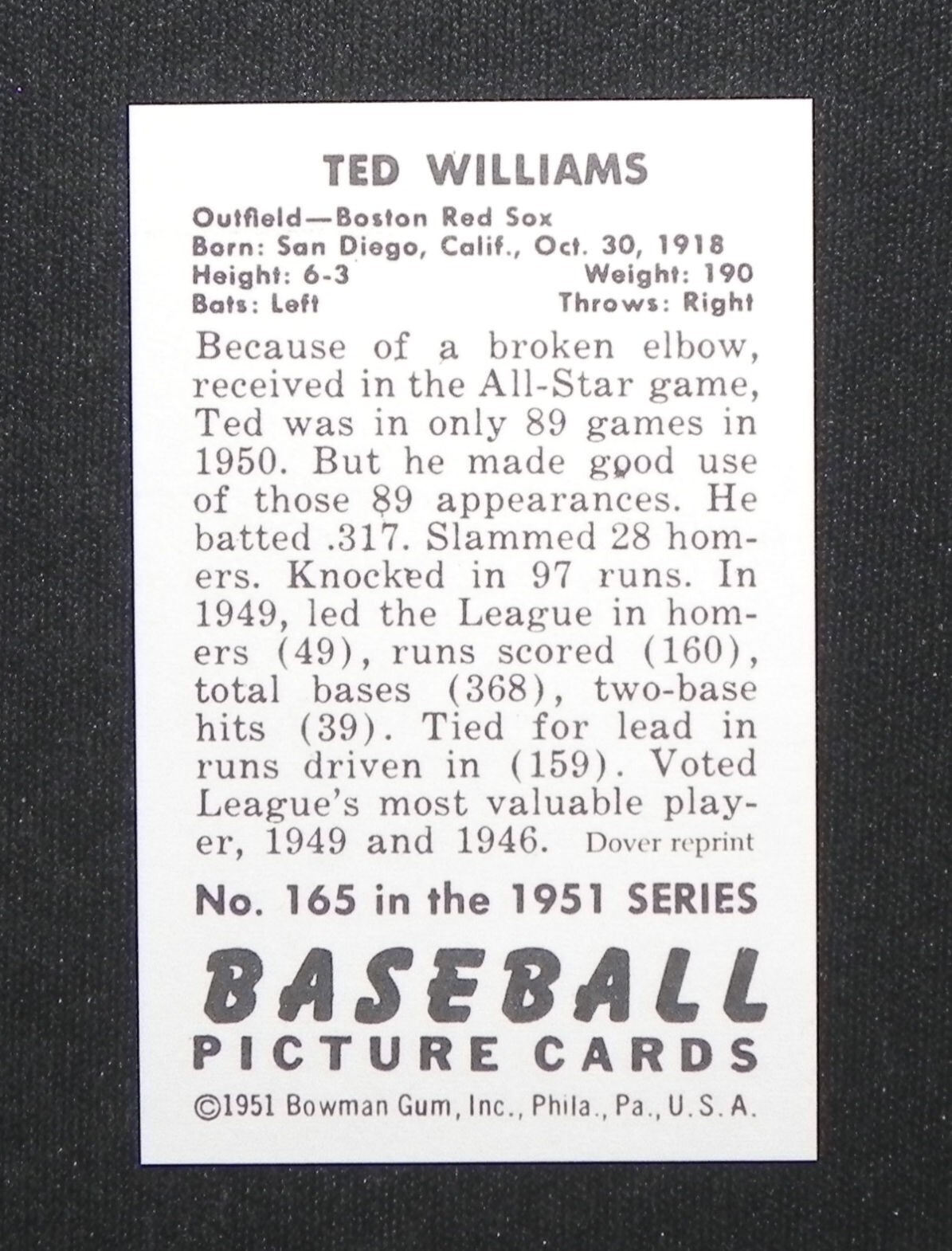 Ted Williams Dover Reprint of 1951 Bowman Card #165 _ EXACT CARD (H) | eBay