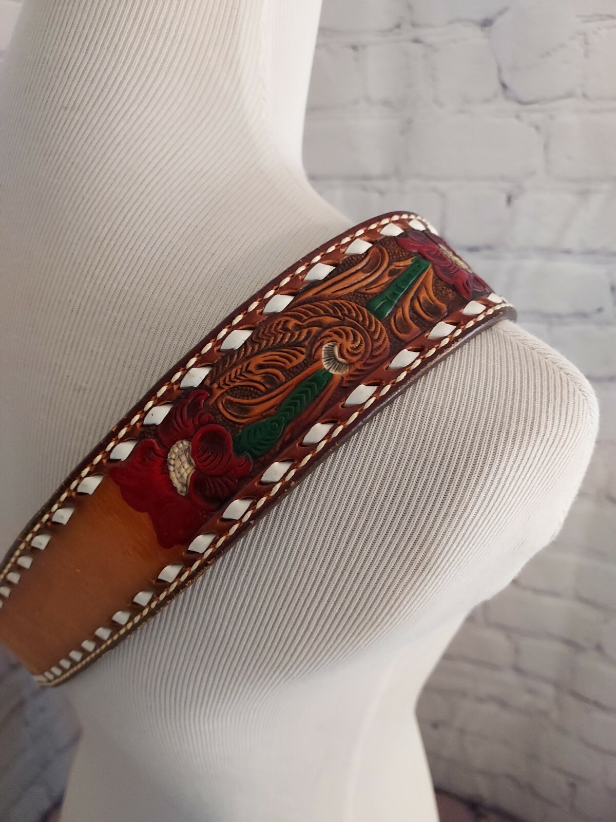 Womens Leather Tooled Belt Floral Pattern Deep Red G… - Gem