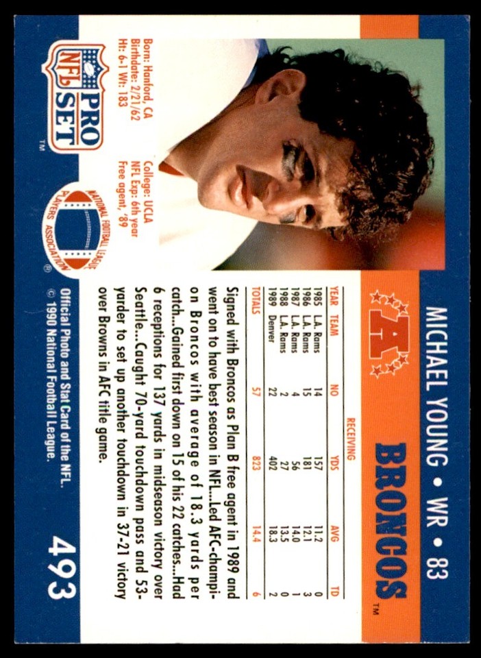1990 Pro Set Michael Young Rookie Denver Broncos #493 | eBay