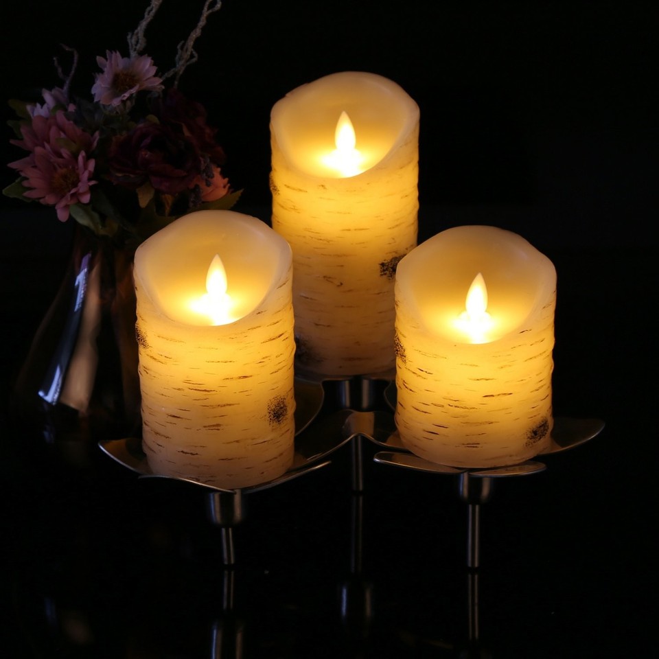 3 Pcs Flameless Birch LED Candles With Moving Flame With Battery Remote ...