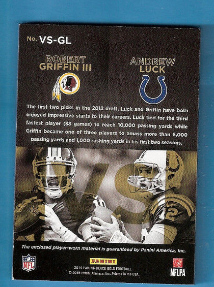 ANDREW LUCK ROBERT GRIFFIN III RG3 GAME USED JERSEY PATCH CARD BLACK ...