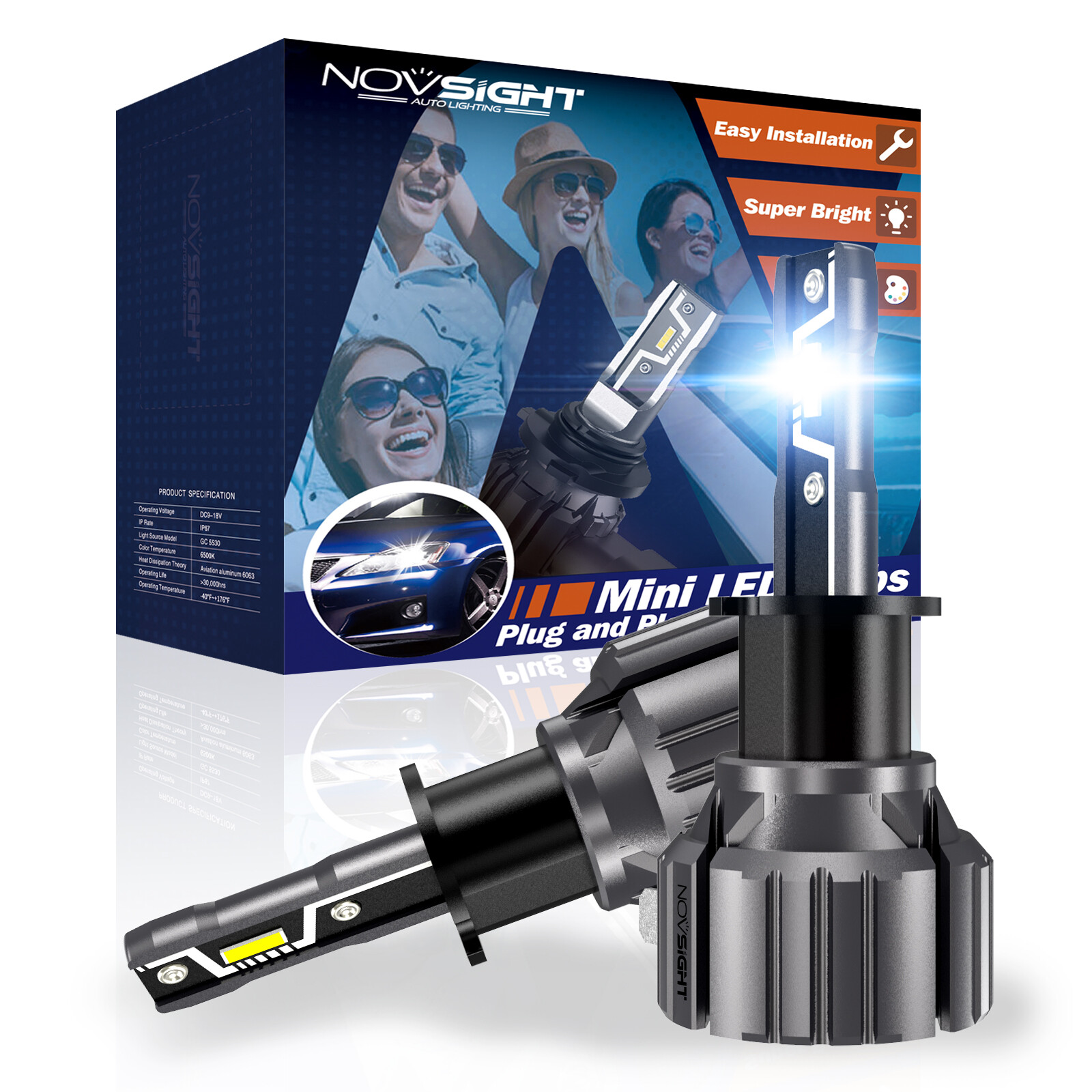 NOVSIGHT H1 LED Headlight Bulbs Globes Kit Fog Light Beam 6500K White ...