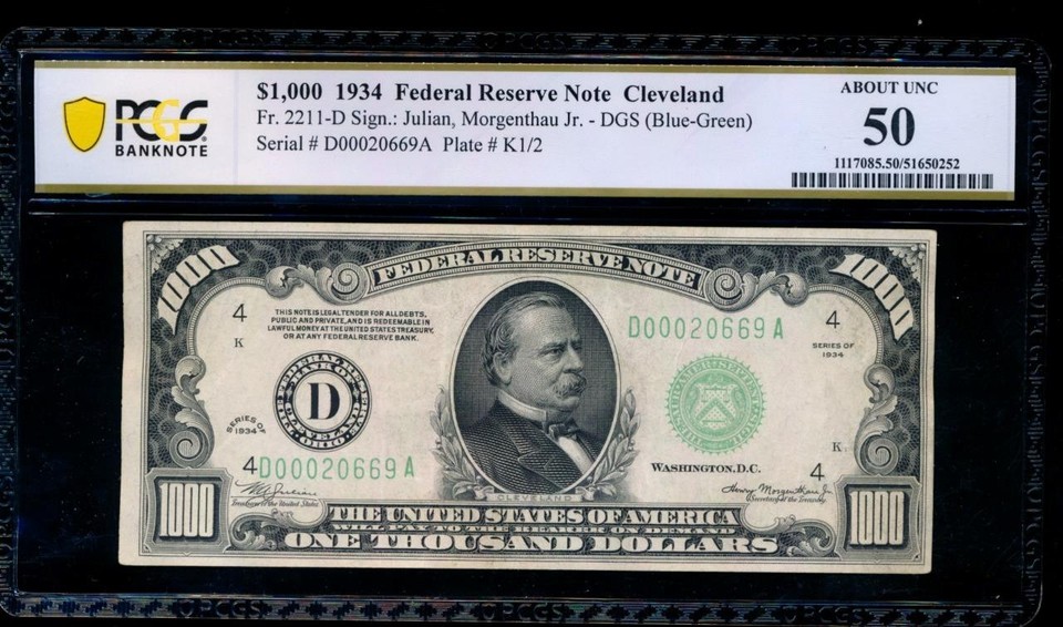 AC 1934 $1000 Cleveland ONE THOUSAND DOLLAR BILL PCGS 50 | eBay