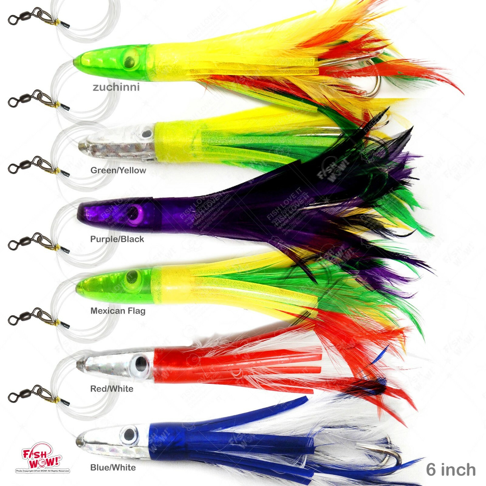 Fish WOW! 6" Fishing Tuna Feather Rig Big Game Trolling Bullet Jet Head ...