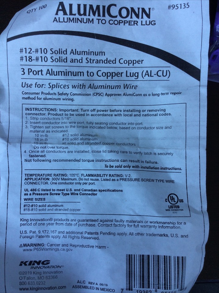 King Innovation 95135 AlumiConn 3 Port AL/CU Lug Wire Connector,sold ...