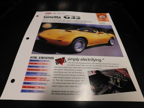1990-1994 Ginetta G33 Spec Sheet Brochure Photo Poster 1991 1992 1993 ...