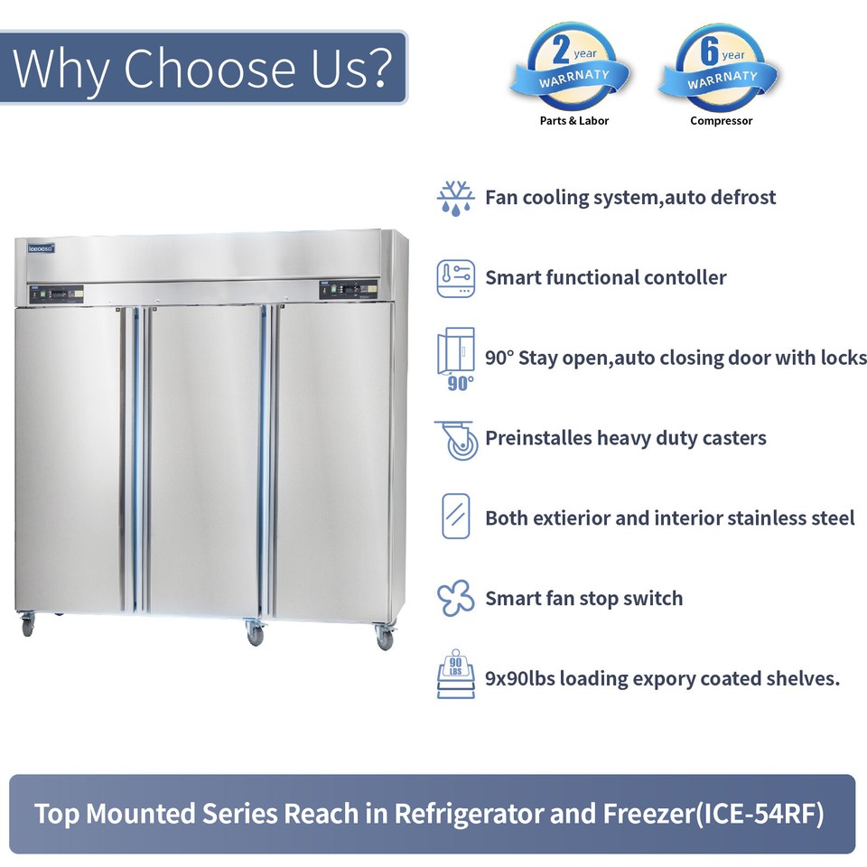ICECASA 3 door 72" Commercial Refrigerator Freezer Combo, Stainless ...