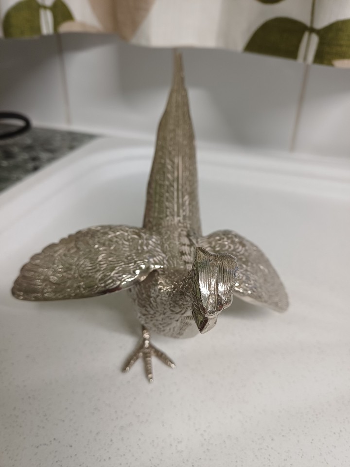 VINTAGE SILVER PLATED PHEASANT SCULPTURES FIGURES DISPLAYING FIGHTING 8 ...